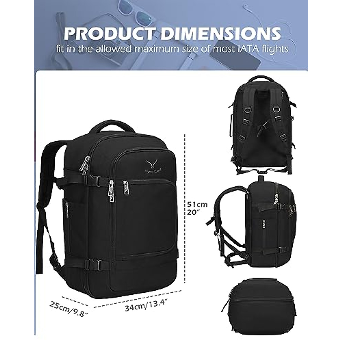 Hynes Eagle Travel Backpack 40L Flight Approved Carry on Backpack Men Large Cabin Weekender Laptop Backpack Women 15.6 inches Black with 3PCS Packing Cubes Set Black