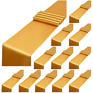 12 Pack Gold Satin Table Runner,12 x 108 inch Long Premium Smooth Table Runner for Wedding, Banquets, Birthday, Party, Graduation, Engagements, Table Runners fit Rectangle and Round Table
