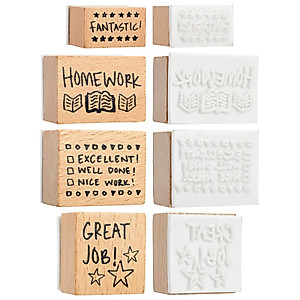 9 Piece Set of Wooden Rubber Teacher Stamps - Classroom Supplies for Grading Homework (Assorted Sizes)