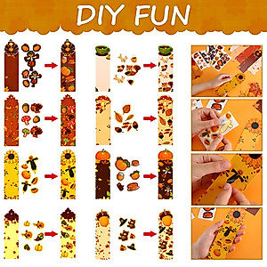 Spiareal 24 Sets Fall Decor Autumn DIY Bookmarks for Kids Thanksgiving Fall Craft Kits Paper Blank Bookmarks Art Set with Maple Leaves Turkey Acorn Mushroom Sunflower Pumpkins Stickers for Art Kit