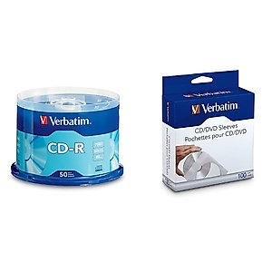 Verbatim 94691 CD-R 700MB 80 Minute 52x Recordable Disc - 50 Pack & CD/DVD Paper Sleeves-with Clear Window 100pk
