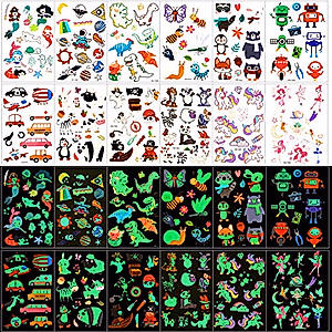 Konsait Temporary Tattoos for Kids, Glow In The Dark Mixed Style Cartoon Tattoo, Luminous Unicorn Mermaid Butterfly Animal Dinosaur Pirate Car Space Fake Tattoo, Boys Girls Party Favor Supplies