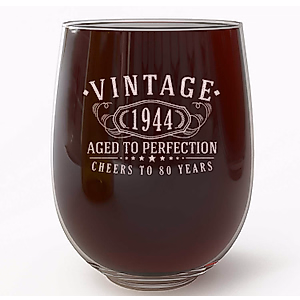 Vintage 1943 Etched 17oz Stemless Wine Glass – Happy 80th Birthday Gifts for Women Men, Cheers to Turning 80 Year Old Decorations Decor, 80th Bday Party Favors Supplies, Best Gift Ideas Her Woman 1.0