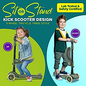 SereneLife 3 Wheeled Scooter for Kids - 2-in-1 Sit/Stand Child Toddlers Toy Kick Scooters w/Flip-Out Seat, Adjustable Height, Wide Deck, Flashing Wheel Lights, Great for Outdoor Fun - SLKS22 (Green)