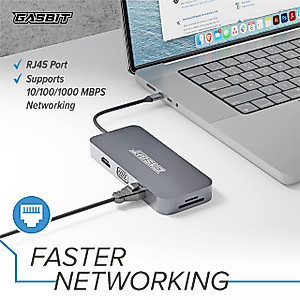 USB C Hub 10 in 1 for MacBook Pro/Air - Dell XPS - Lenovo - HP - 4K HDMI; Ethernet RJ 45; VGA; MicroSD/SD Card Reader; 2 x USB 2.0; 1 x USB 3.0; 1 x USB-C & Audio Jack.