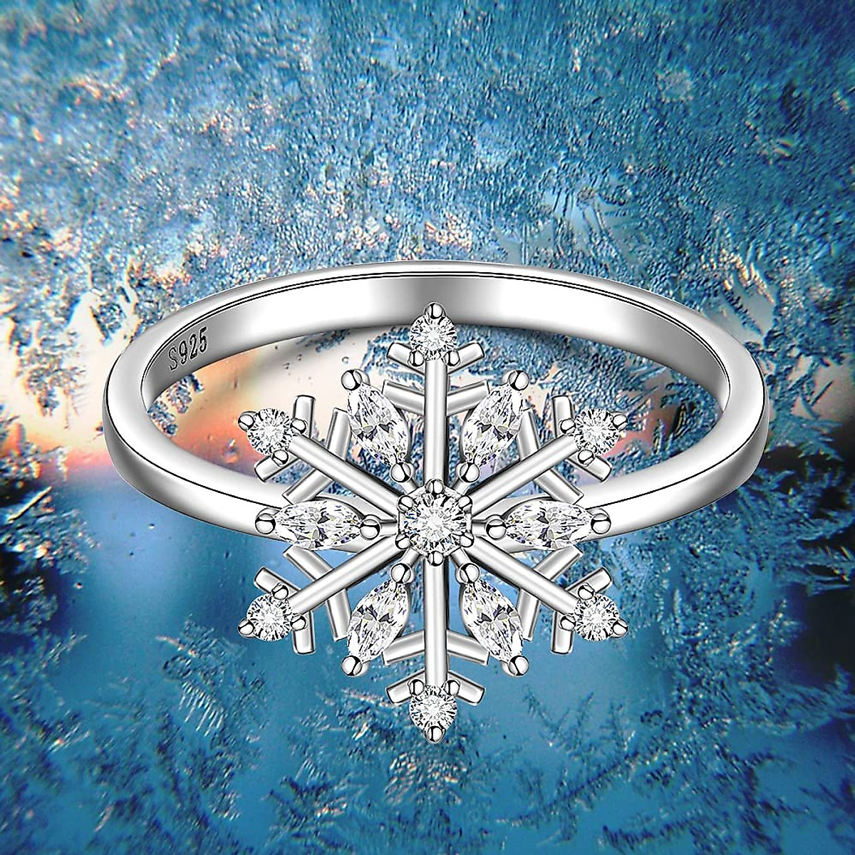 Sterling Silver Snowflake Ring Diamond Zirconia Crystal Christmas Snowflake Rings for Women Cute Dainty White Holiday Jewelry Gift Size 6