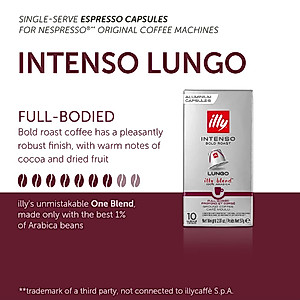 Illy Espresso Compatible Capsules - Single-Serve Coffee Capsules & Pods - Intenso Lungo Dark Roast - Notes Of Cocoa & Dried Fruit Coffee Pods - For Nespresso Coffee Machines – 10 Count