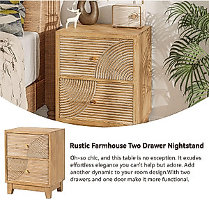 COZAYH 2-Drawer Farmhouse Nightstand, Mid Century Nightstand Fully Assembled with Handcrafted Wood Ring Pattern for Boho, Mid-Century, Rustic Style, Natural Wood