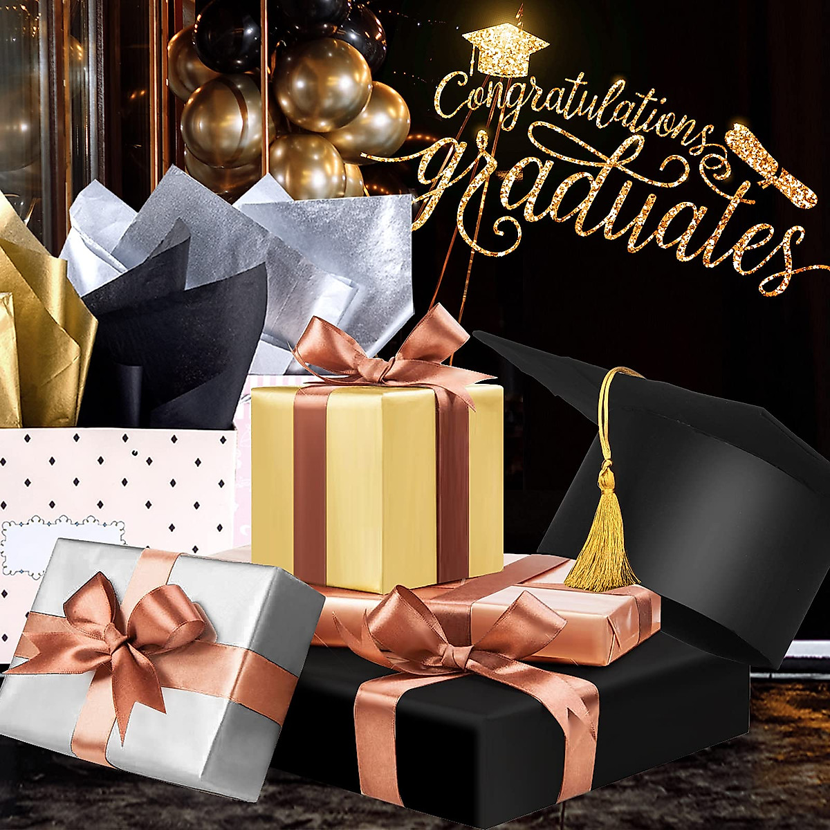 MIAHART 90 Sheets Metallic Gift Wrapping Paper Tissue Paper Bulk for Christmas Weddings Birthday Graduation Party Decor DIY Arts Crafts 20x14Inch (Metallic Gold Silver Rose Gold and Black)