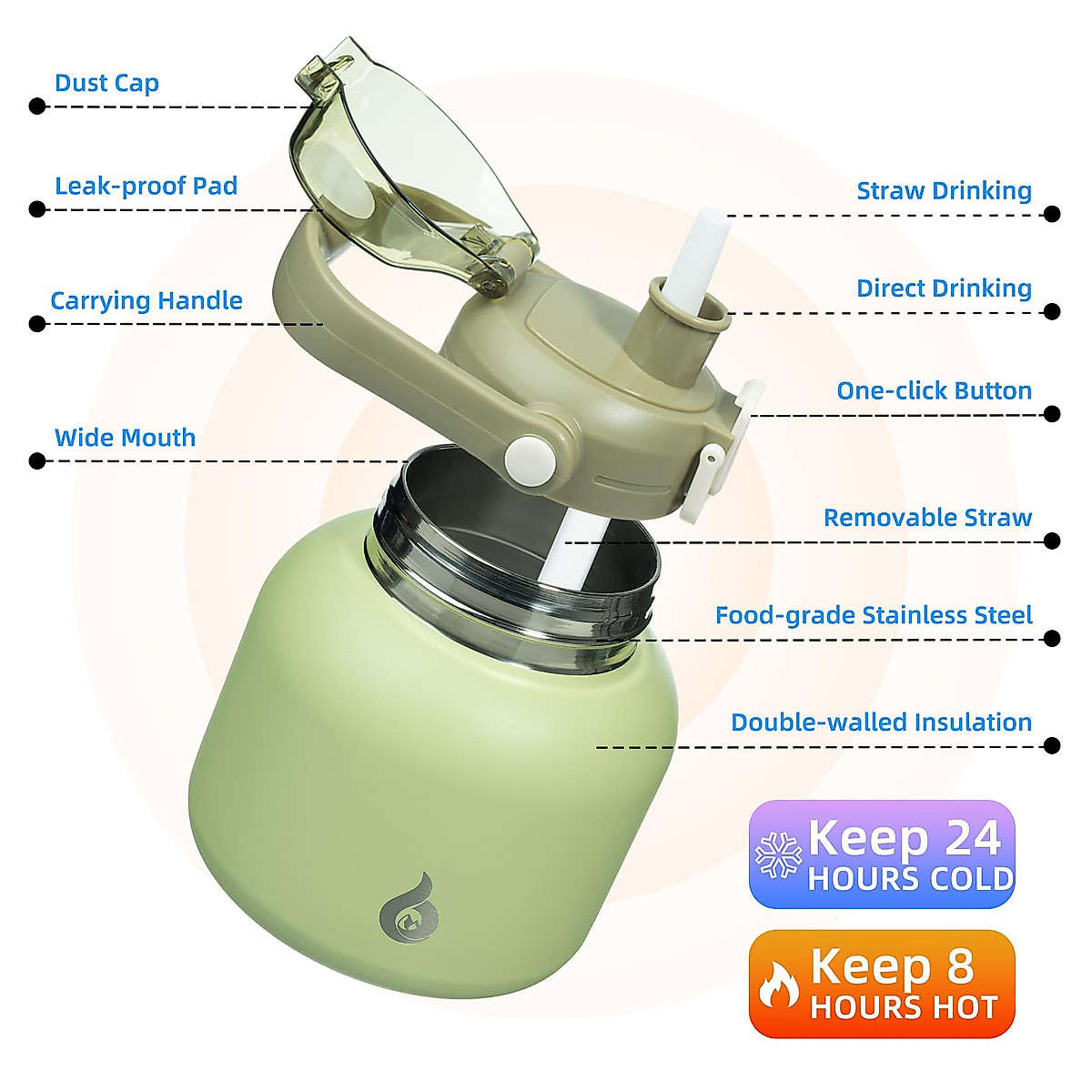 BJPKPK Insulated Water Bottles with Straw, 20oz Cute Water Bottles with Handle, BPA Free Stainless Steel Metal Water Bottles, Easy Carry Thermos Water Bottle for Men & Women, Light Green