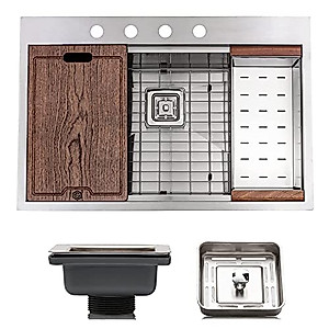 Strictly Sinks 33 Topmount Kitchen Workstation Sink Silver Single Bowl 16 Gauge Stainless Steel Drop In Sink With Scratch, Stain Resistant Colander, Cutting Board, Bottom Grid & Strainer Square Drain