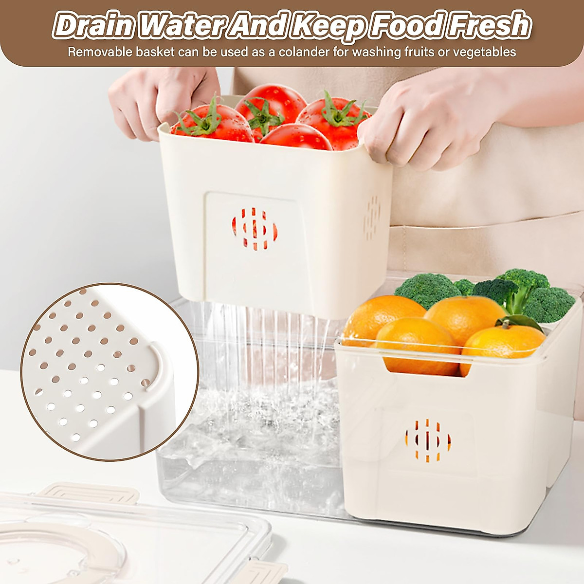 Fruit Storage Containers for Fridge: Divided Serving Tray with Lid and Handle - Snackle Box Container with 4 Removable Colanders - Berry Vegetable Fresh Produce Saver Refrigerator Organizer Bins