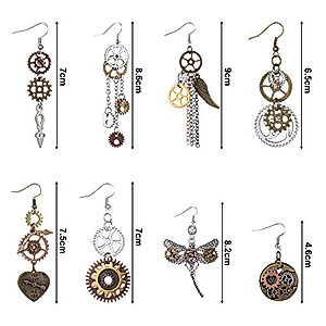 Hicarer 8 Pairs Drop Earrings Gear Dangle Earrings Antique Clockwork Earrings Vintage Mix-tone Earrings(Retro Style)