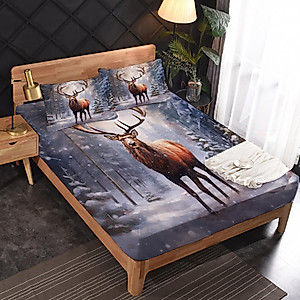 Deer Sheets Full Size Sheet Sets - Winter Forest Animal Bed Sheets, Soft Microfiber & Deep Pocket & Wrinkle Free Patterned Bedding Sheets & Pillowcases, 1 Fitted Sheet, 1 Flat Sheet, 2 Pillow Cases
