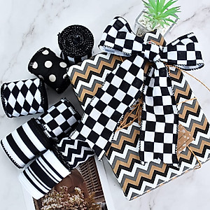 TONIFUL 2.5 Inch Black and White Wired Edge Ribbon, Plaid Check Burlap Ribbon, Blakc White Wired Ribbon for Gift Wrapping, Wreath Bows Making, Crafts Home Party Christmas Tree Decoration（Check，6yds）