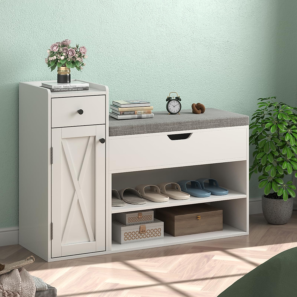 Loomie Shoe Storage Bench, 2-Tier Farmhouse Entryway Bench with Lift Top Storage Box, Drawer & Soft Removable Seat Cushion, Silm Shoe Rack with Shoe Cabinet for Entryway, Hallway, Bedroom, White