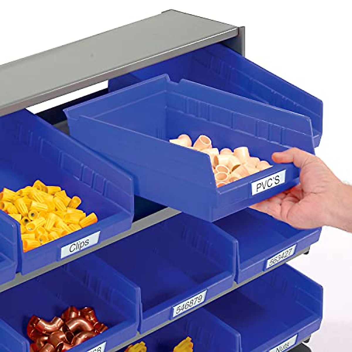 Global Industrial 3 Shelf Bench Rack, (12) 8" W Blue Bins, 33x12x21