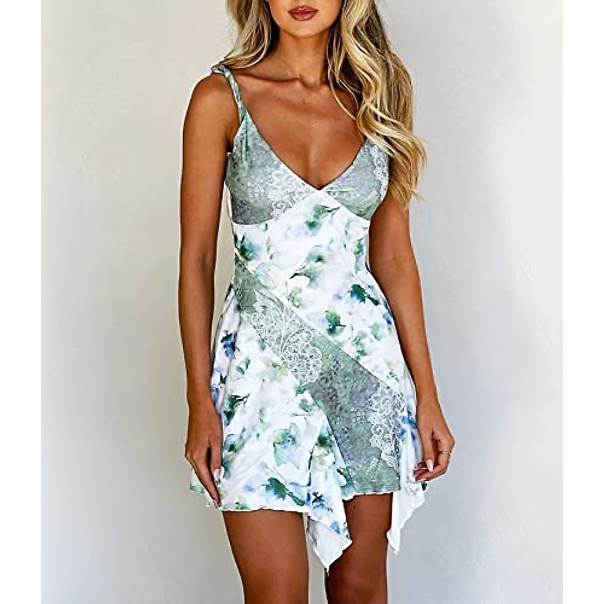 ROAONOCOMO Women Y2K Floral Print Short Dresses Spaghetti Strap A-Line Dresses Retro Backless Sundress Sexy Party Dresses