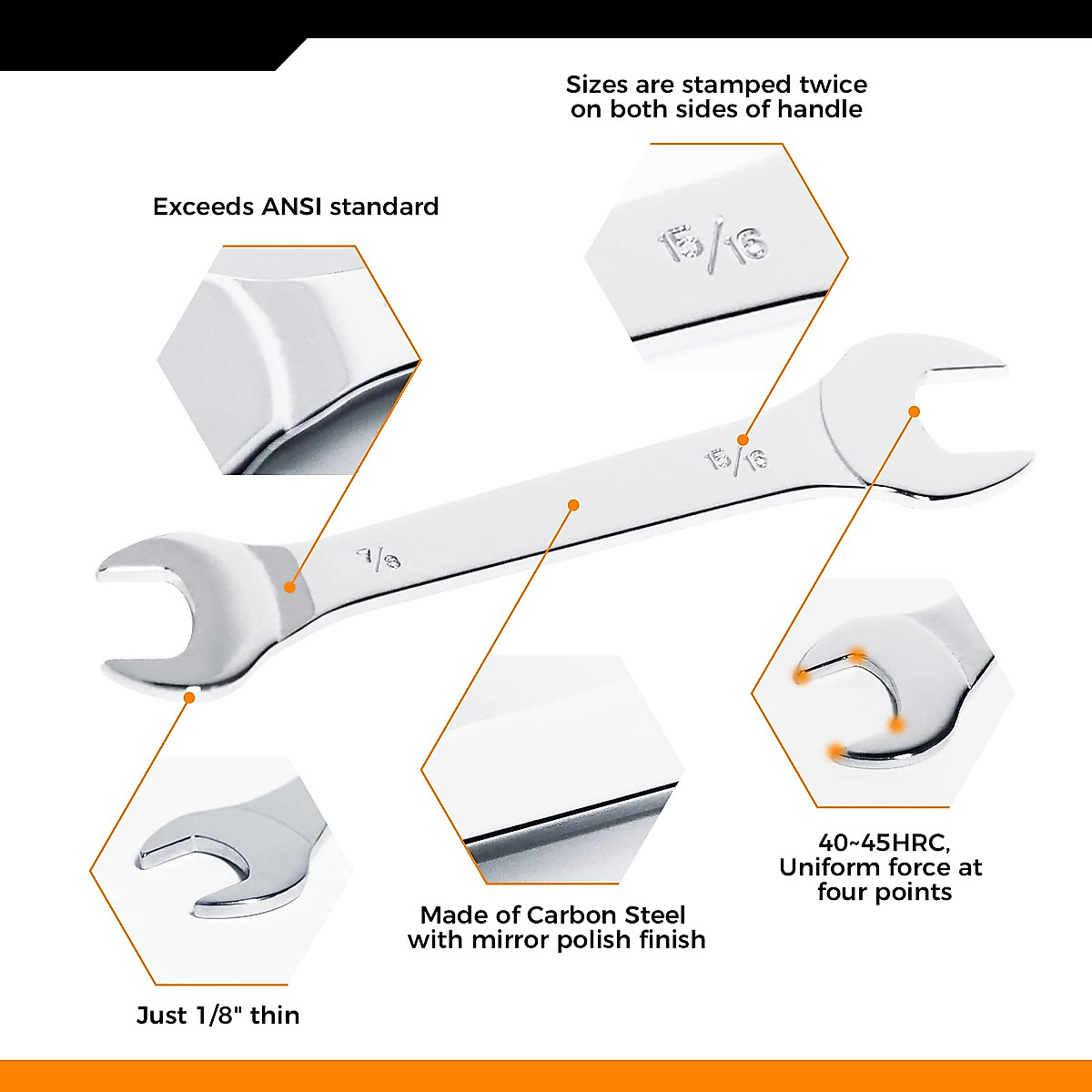 Der Erwachte Super-Thin Open End Wrench Set, SAE, 6-Piece, Including 3/8", 7/16", 1/2", 9/16", 5/8"，11/16", 3/4", 13/16", 7/8", 15/16", 1", 1-1/16", Slim Wrench Set with Rolling Pouch