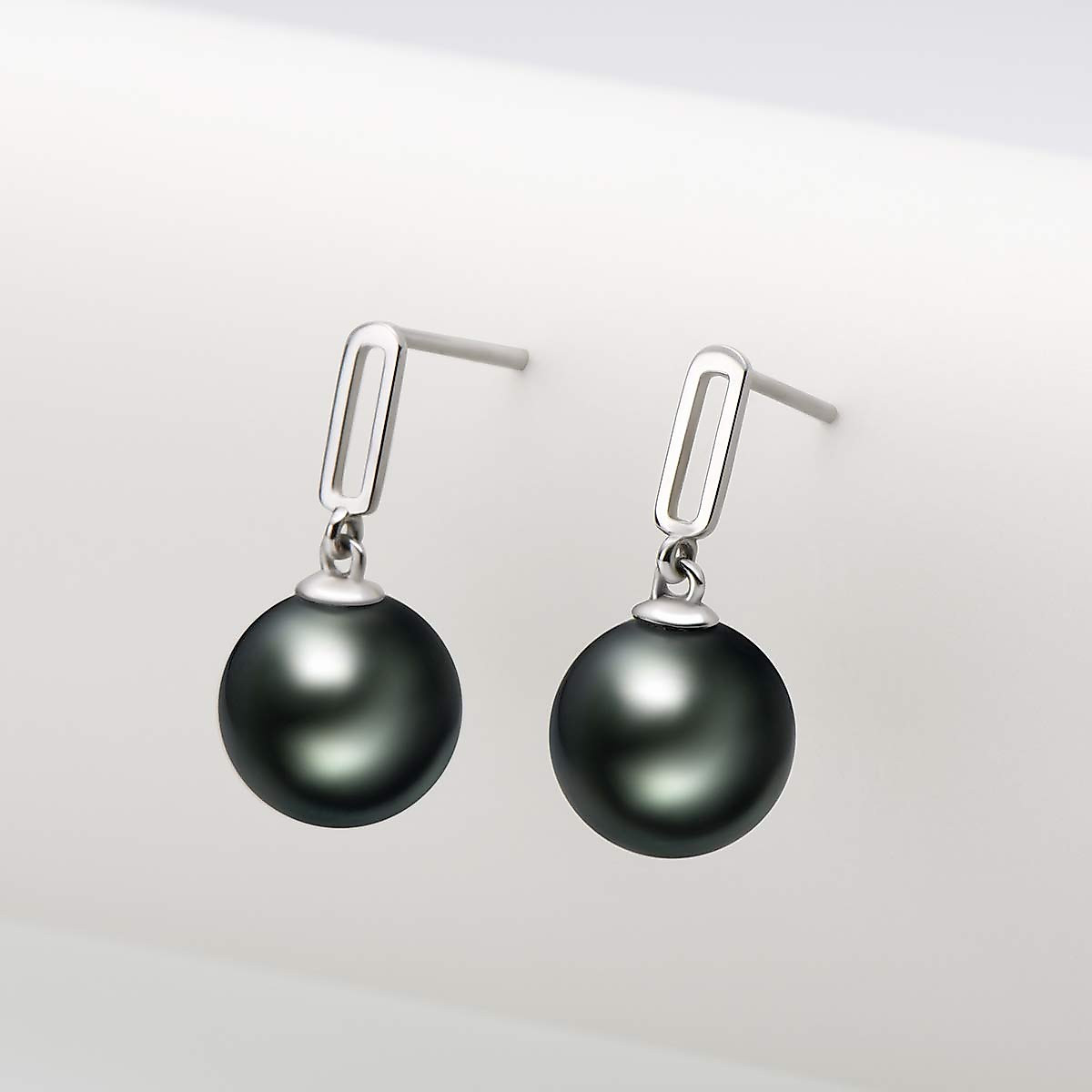 DENGGUANG 18K Gold Tahitian Black Pearl Stud Dangle Earrings 8-9mm Genuine Tahiti Cultured Pearls Drop Dangle Earrings, Mothers Day Gifts for Mom - White Gold