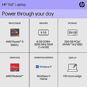 HP 15 inch Laptop, HD Display, AMD Ryzen 5 5500U, 8 GB RAM, 256 GB SSD, AMD Radeon Graphics, Windows 11 Home, 15-ef2099nr (2023),Silver