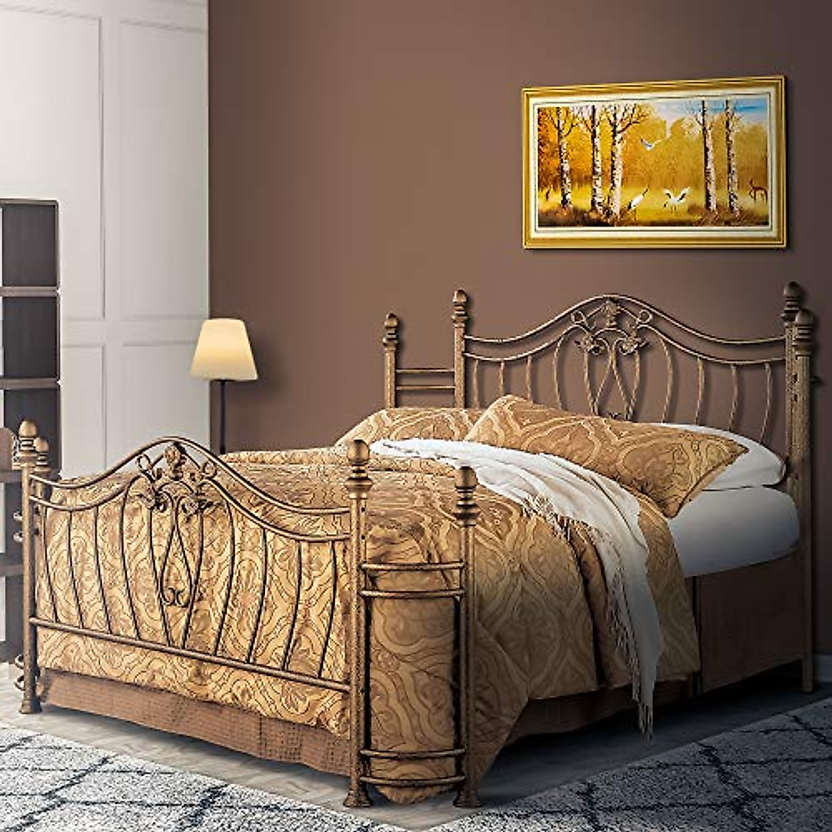 Benjara Metal Queen Headboard and Footboard with Swirling Floral Motifs, Antique Gold