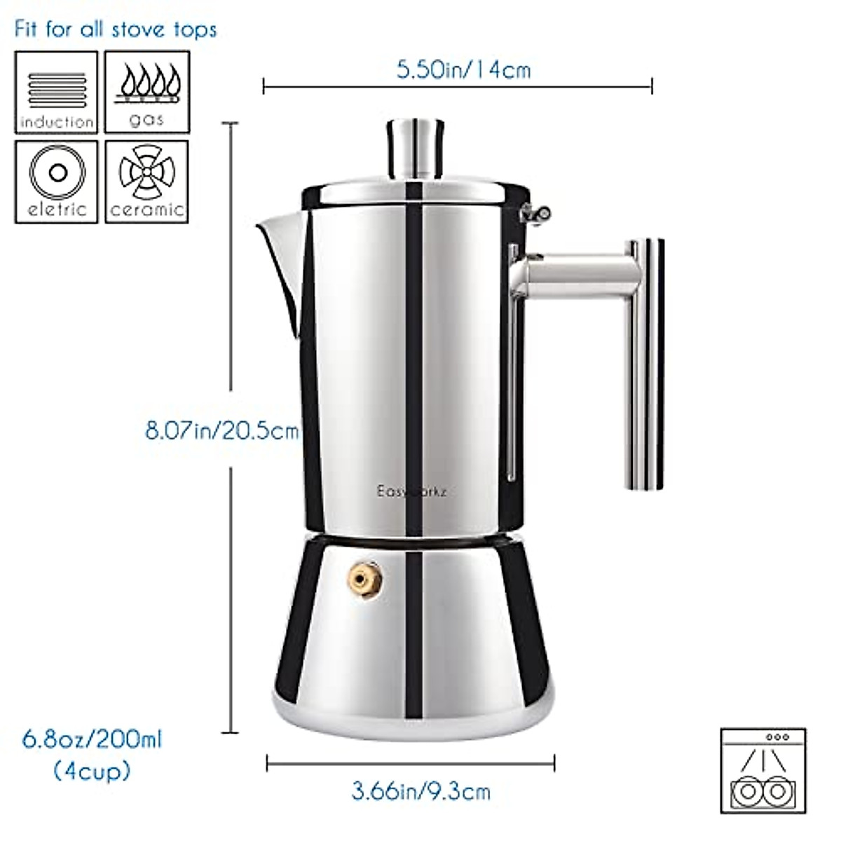 Easyworkz Diego Stovetop Espresso Maker Stainless Steel Italian Coffee Machine Maker 4Cup 6.8 oz Induction Moka Pot