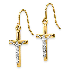 14K Two Tone Gold Lord Jesus Christ Crucifix Holy Hanging Cross Christian Religious Drop Dangle Earrings