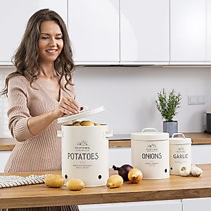 noonberry Potato, Onion & Garlic Storage Bin Set, 3 Metal Kitchen Containers with Ventilation Holes, Matte Alabaster White, Vintage Farmhouse Canisters