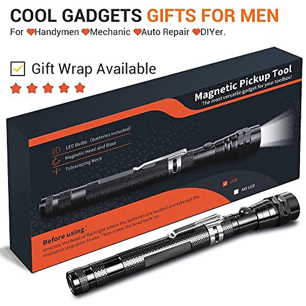 Gifts for Men Dad,Magnet Tool Telescoping Magnetic Pickup Light,22" Extending Magnet Stick Cool Tool Gadget for Men,Unique Birthday Gift for Men HIM,HER,Husband,Grandpa,Stuff for Hard to Reach Place