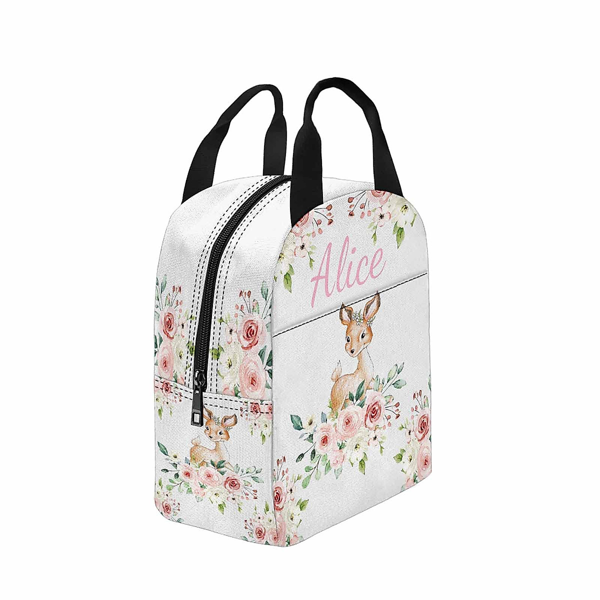 InterestPrint Custom Text Lunch Bag Cute Deer Personalized Name Lunchbox Tote Bag Gift for Daughter Niece Granddaughter Birthday
