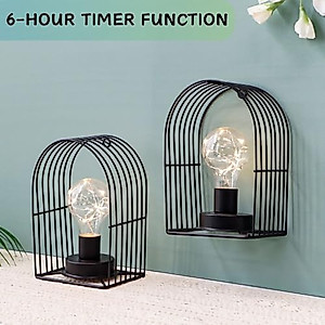 NEWIMAGE Set of 2 Battery Operated Lamp 7''H Unique Cordless Wall Sconce Metal Wall Mount Lamp with 6-Hour Timer and Warm White Fairy Lights Bulb for Home Living Room Bedroom Kitchen Hallway Stairway