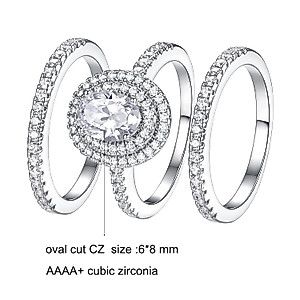 LGYIC 18K White Gold Plated Three-in-One Oval Cut Cubic Zirconia Ring Halo Wedding Engagement Bride Rings Set for Women (10)