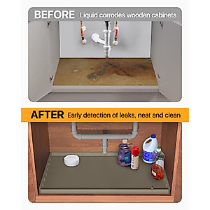 Under Sink Mat, Waterproof Silicone Mat with Water Leak Sensor Alarm, 34" x 22" Kitchen Cabinet Mat, Under Sink Liner Holds up to 3.7 Gallons Liquid(Brown)