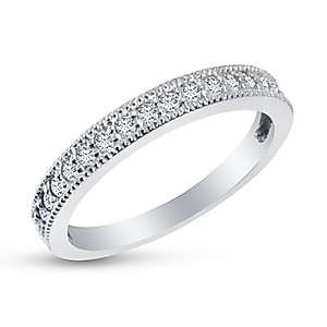 Size - 8.5 - Solid 14k White Gold 3mm Round Cut Milgrain Pave Set Anniversary Ring Wedding Band CZ Cubic Zirconia 1/2 cttw.