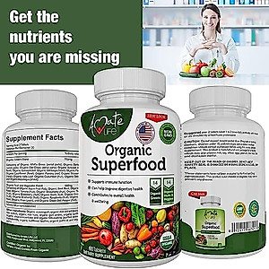 Organic Superfood Greens Fruits and Veggies Complex - Best Dietary Supplement with 14 Greens &14 Fruits & Vegetables with Alfalfa Rich in Antioxidants Organic Ingredients Non-GMO (120 Count Pack of 2)