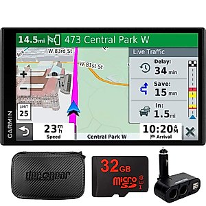 Garmin 010-N2038-02 Drivesmart 65T GPS Navigator (Renewed) Bundle with Dual DC12V/24V Electronic Multifunction Car Socket, 32GB MicroSD Card & Deco Gear Hard EVA Case with Zipper