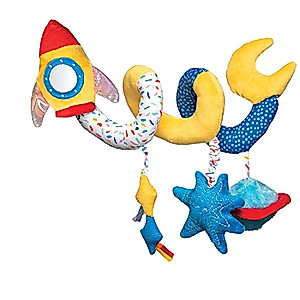 Manhattan Toy Space Themed Rocket Soft Baby Travel Spiral with Baby-Safe Mirror, Elastic Pull Cord & Rattle Chime