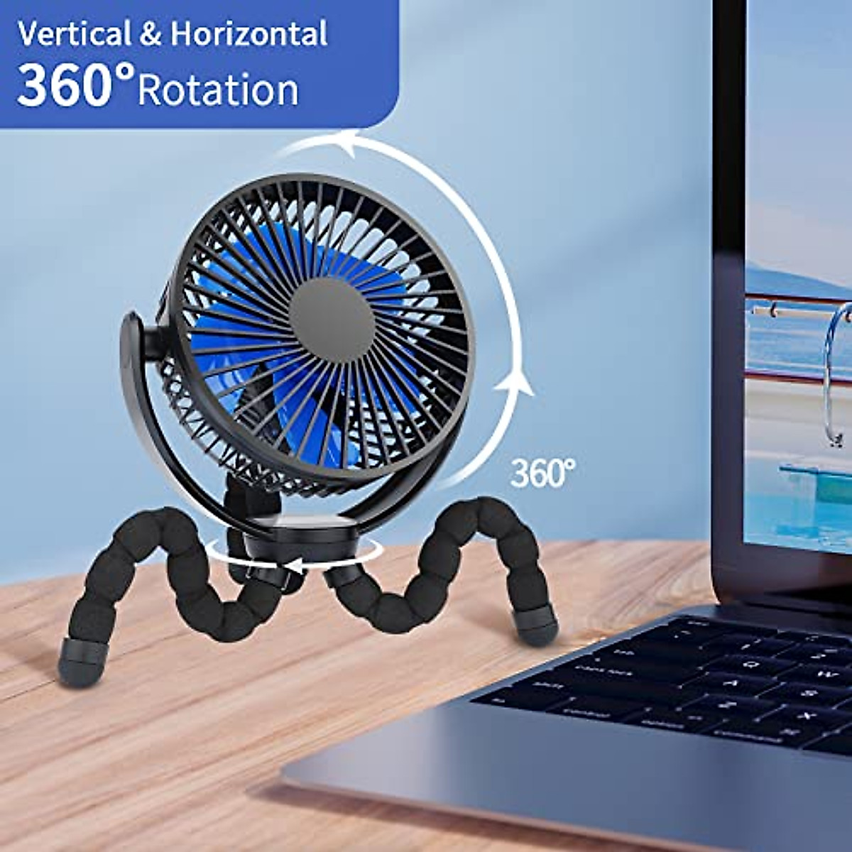5000mAh Battery Operated Fan with Flexible Tripod, Rechargeable Stroller Fan, Clip Fan for Home Office Peloton Bike Treadmill Golf Cart Car Seat Camping Tent，Ultra Quiet, 3 Speeds, 360° Rotatable