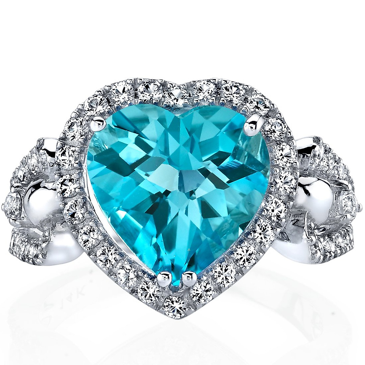 PEORA Swiss Blue Topaz and White Topaz Signature Sweetheart Ring for Women 14K White Gold, Genuine Gemstone Birthstone, 4 Carat Heart Shape 10mm, Size 9