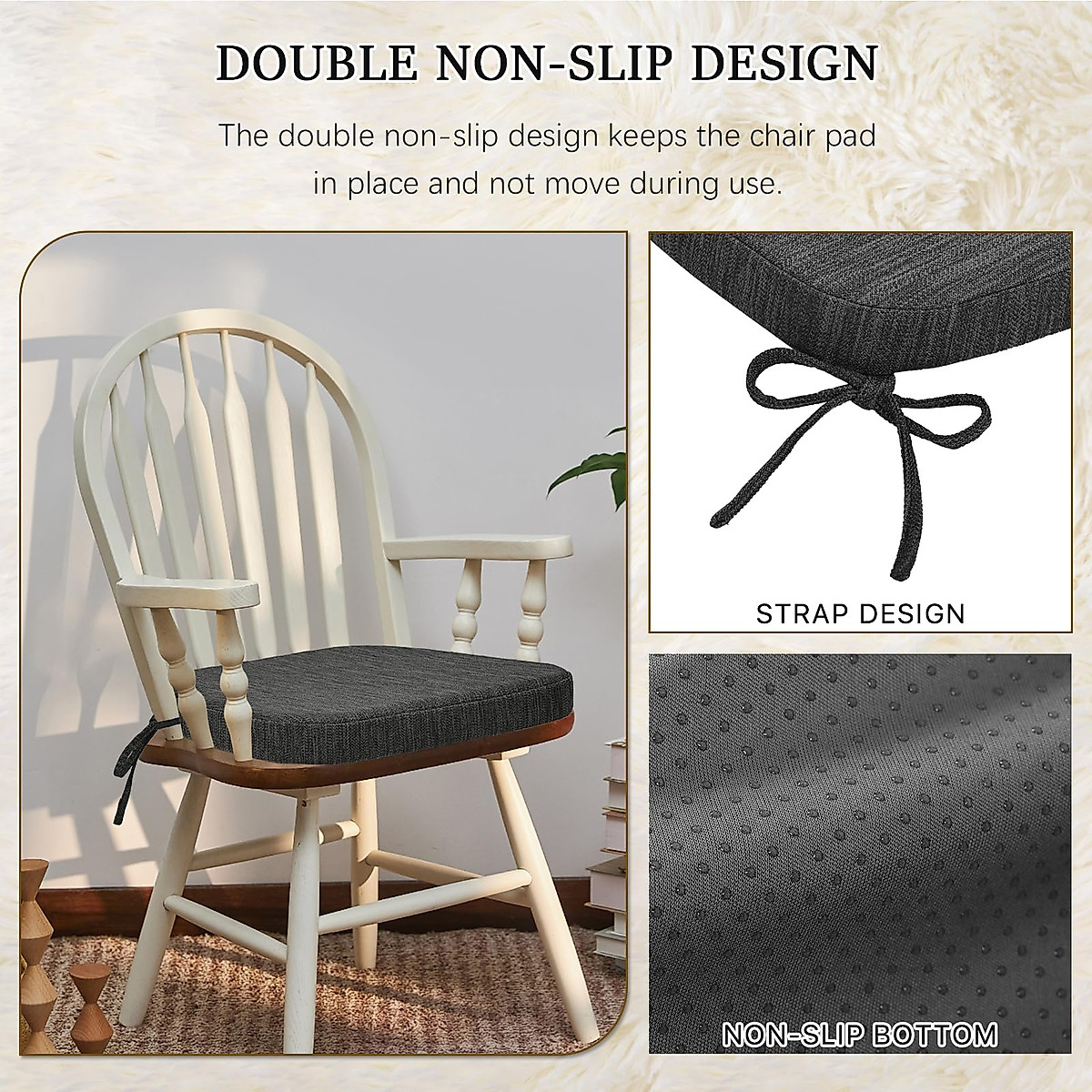 baibu 17 x 16 Inches Dual-Layer Patent Design Memory Foam Non-Slip Kitchen Chair Pad and Dining Seat Cushion with Ties Machine Washable Cover - Black