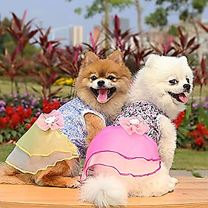 Pet Cute Floral Small Dog Dress For Girl Boy Cats Rabbit Fancy Tutu Adorable Princess Petite Vest Doggie Dresses With Mesh Flower For Pomeranian Chihuahua Skirt Summer Style Puppy Supplies (Yellow, S)