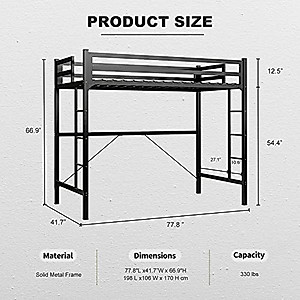 IKIFLY Metal Loft Bed Twin Size, Heavy Duty Junior Loft Bed Frame with 2 Ladders & Safety Guard Rail, Noise Free, Space-Saving, No Box Spring Needed - Black