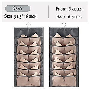 YUNZSXJY Durable Hanging Closet Organizer for Underwear Double Sided with Mesh Pockets,Space Saving Storage Pocket Bra Clothes Socks Organizer Home Basics. (Gray, 2PCS 6+6 Pockets)