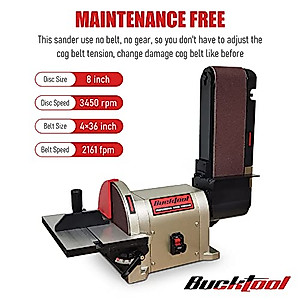 BUCKTOOL Direct Drive Bench Belt Sander, 4x36 in Belt and 8 in Disc Sander, 3/4HP Belt Sander for Woodworking, 5.0A Benchtop Belt Sander
