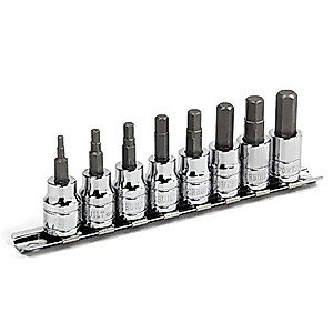 Powerbuilt Hex Bit Socket Set, 8 Piece, 3/8 Inch Drive Metric, Sizes 3-10mm, Ball End Sockets, Storage Rail - 642405