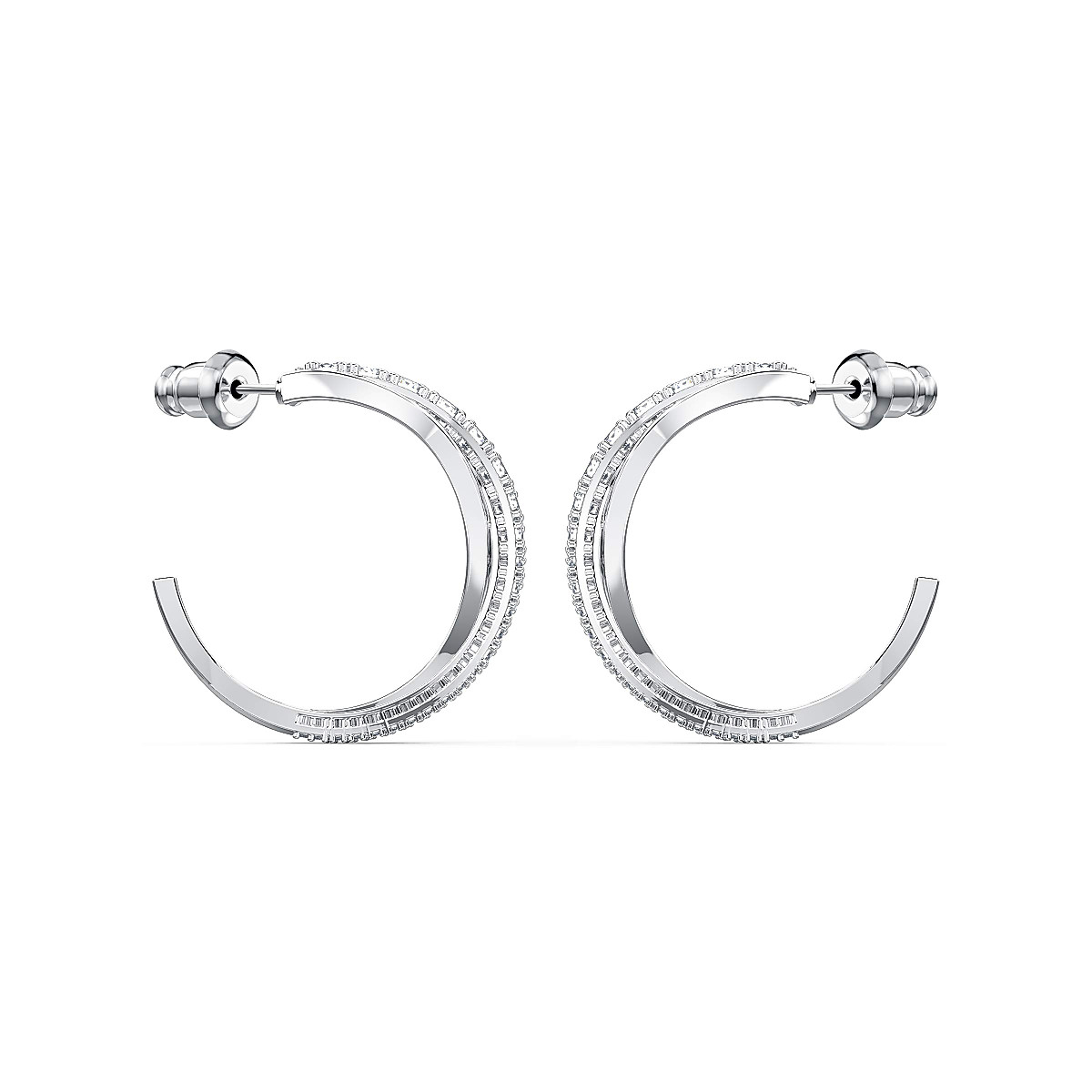 Swarovski Twist Rows Mini Hoop Pierced Earrings with Sparkling Clear Crystal Pavé on a Rhodium Plated Setting with Butterfly Closure