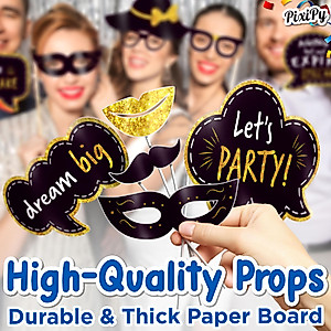 Premium Birthday Photo Booth Props Kit - 27 Pieces Black & Gold Party Decorations - Durable & Easy-to-Use Photobooth Props Signs for Memorable Photos - Party Supply Decorations - by PixiPy