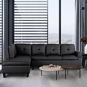 EMKK 105" L-Shape Sofa Couch with Chaise Lounge,Modern Linen Fabric Upholstery Sectional Sofá with Storage Ottoman 2 Pillows for Living Room Furniture Set, Apartment and Large Space, Black PU