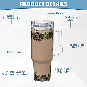 ZHSGNMHH Pine Cone Border 40oz Tumbler With Handle And Straw Stainless Steel Hot/Cold Travel Coffee Cup With Lid